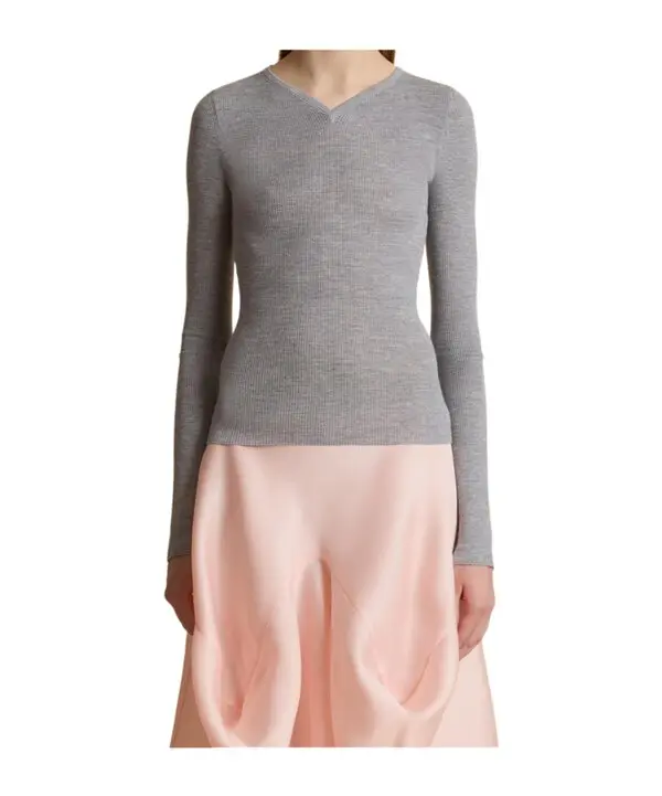 Khaite Tania Ribbed V-neck Long Sleeve Top - Mercury