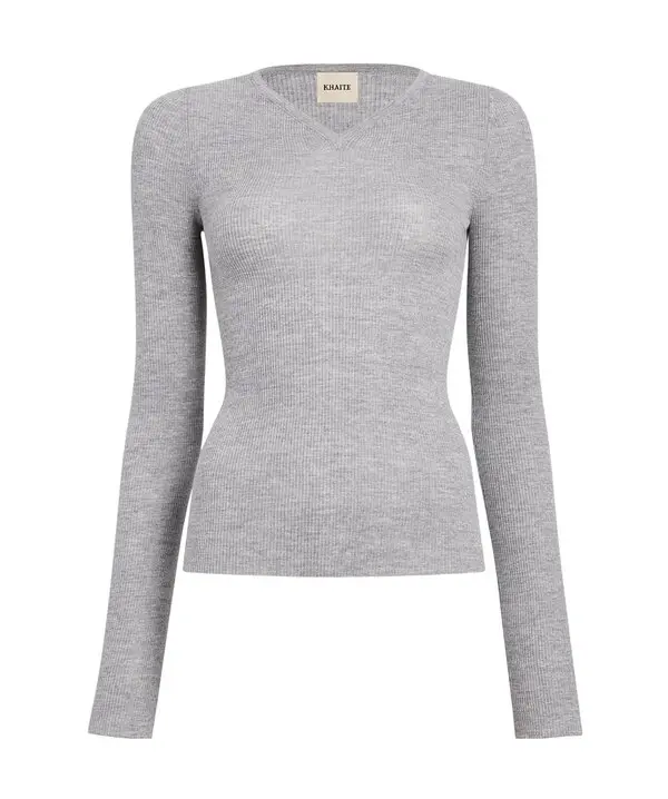 Khaite Tania Ribbed V-neck Long Sleeve Top - Mercury