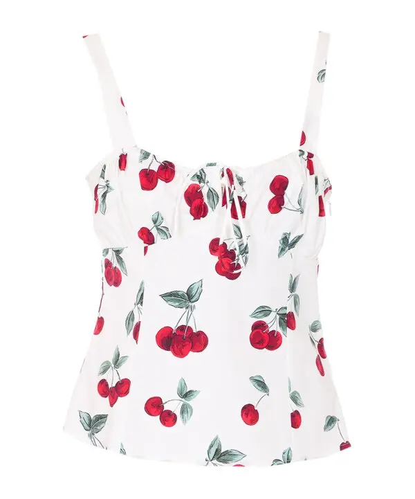 TWINSET Cherry Print Top With Drawstring Detail - White
