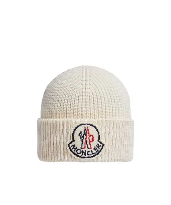 Moncler Logo Patch Ribbed Beanie - White