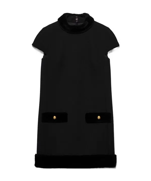 Prada High Neck Mini Dress With Sheepskin Trim - Black