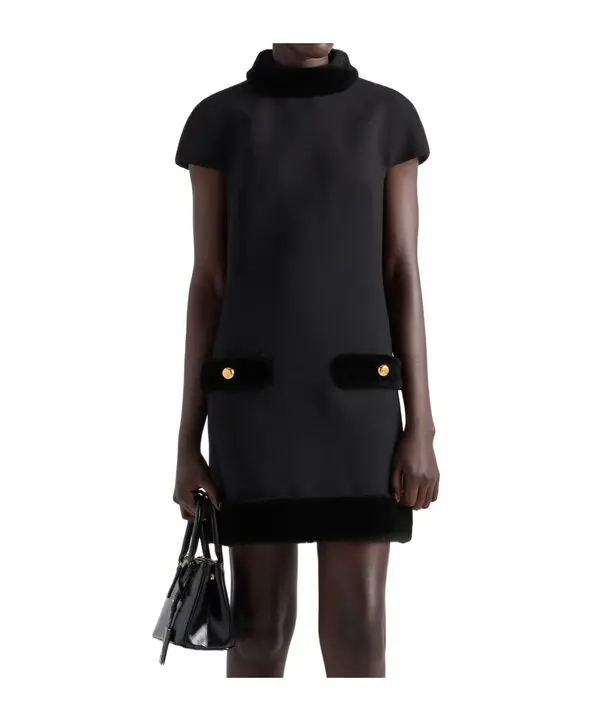 Prada High Neck Mini Dress With Sheepskin Trim