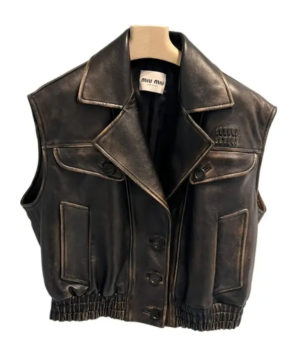 Miu Miu Distressed Leather Gilet With Logo Detail