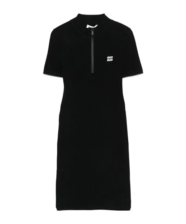 Miu Miu Short-sleeved Ribbed Mini Dress With Half-zip - Black