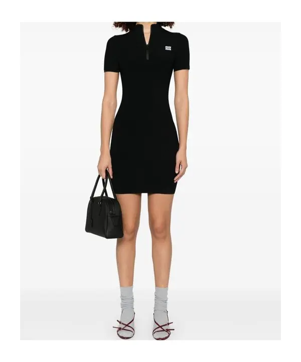 Miu Miu Short-sleeved Ribbed Mini Dress With Half-zip