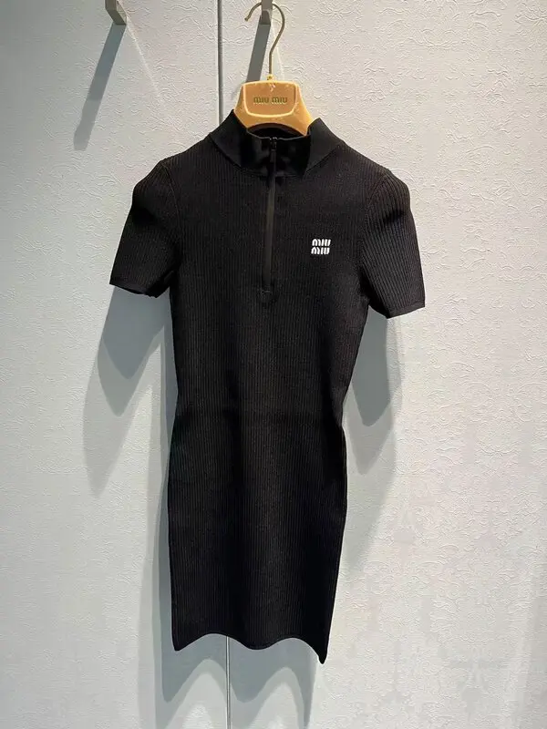 Miu Miu Short-sleeved Ribbed Mini Dress With Half-zip