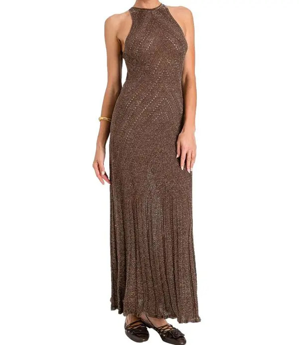 TWINSET Pointelle Knit Maxi Dress With Metallic Threads