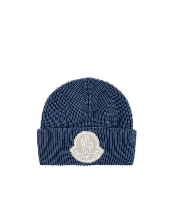 Moncler Logo Patch Ribbed Beanie - Blue