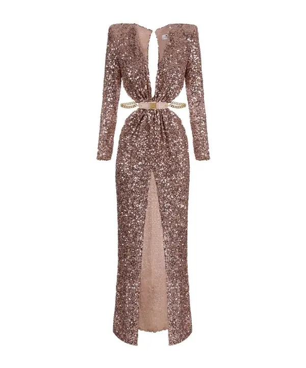Elisabetta Franchi Sequined Maxi Gown With Metallic Belt