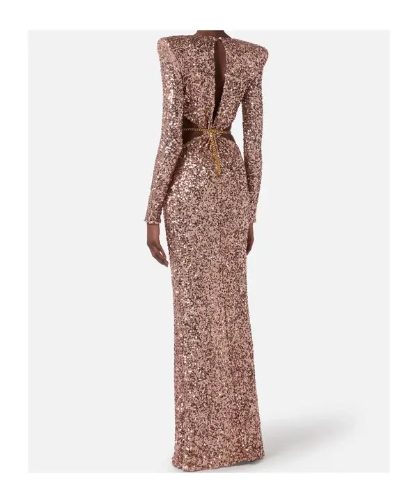 Elisabetta Franchi Sequined Maxi Gown With Metallic Belt