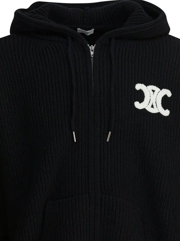 Celine Ribbed Wool Hooded Cardigan - Black