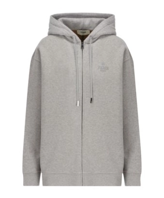 Fendi Logo Embroidered Zip-up Drawstring Hoodie - Grey