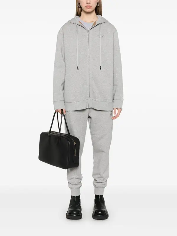 Fendi Logo Embroidered Zip-up Drawstring Hoodie - Grey