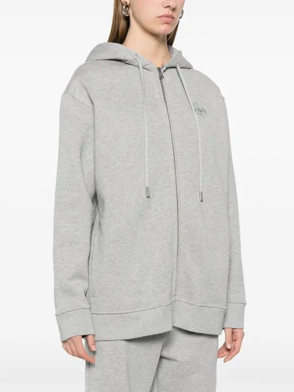 Fendi Logo Embroidered Zip-up Drawstring Hoodie - Grey
