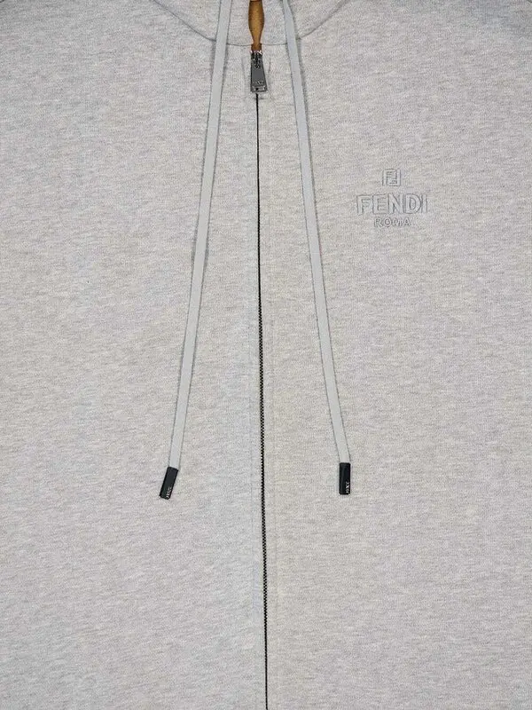 Fendi Logo Embroidered Zip-up Drawstring Hoodie - Grey