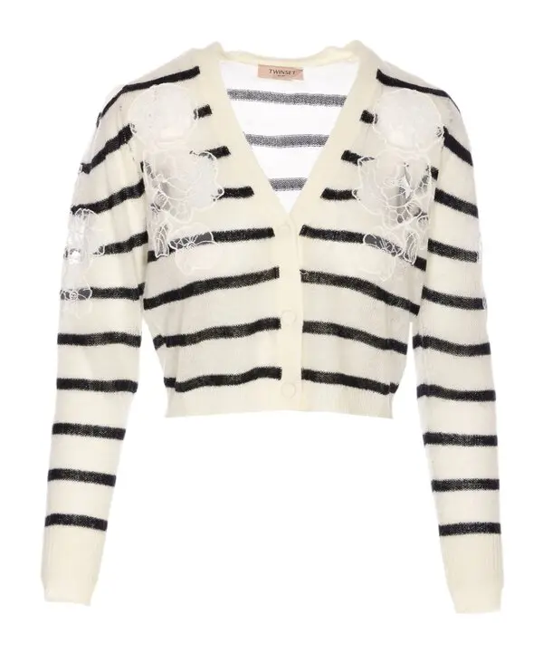 TWINSET Striped Lace-detail Cardigan - White