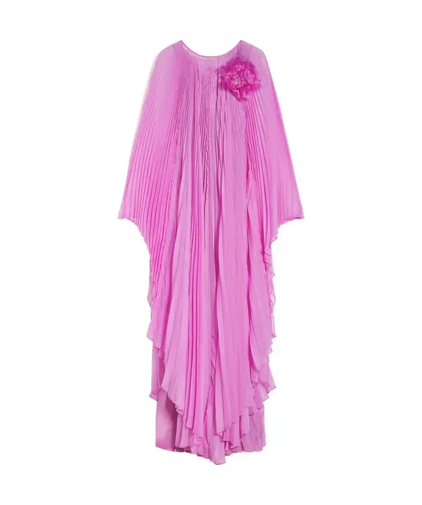 Max Mara Pleated Chiffon Maxi Dress With Floral Brooch