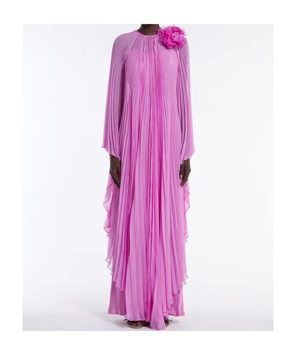 Max Mara Pleated Chiffon Maxi Dress With Floral Brooch