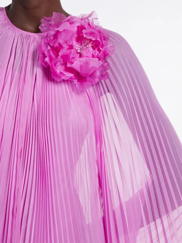 Max Mara Pleated Chiffon Maxi Dress With Floral Brooch
