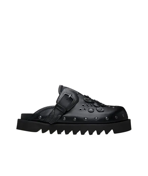 TOGA VIRILIS Round Toe Flat Mules With Rivet Detailing - Black