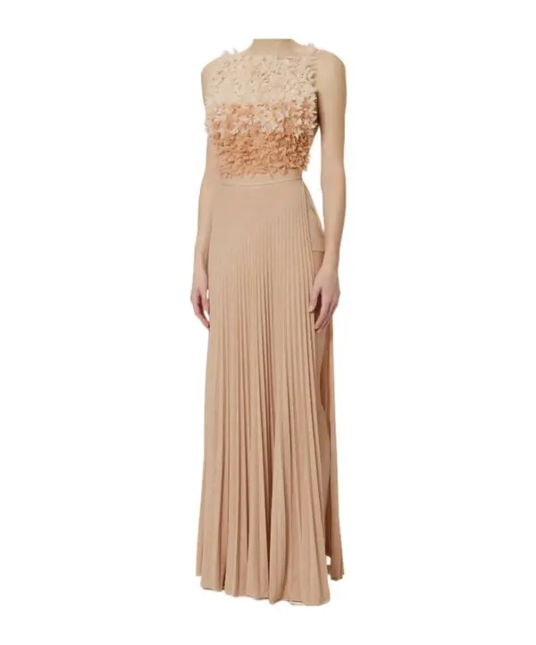Elisabetta Franchi Textured Tulle Petal Embellished Maxi Dress - Nude/butter Yellow