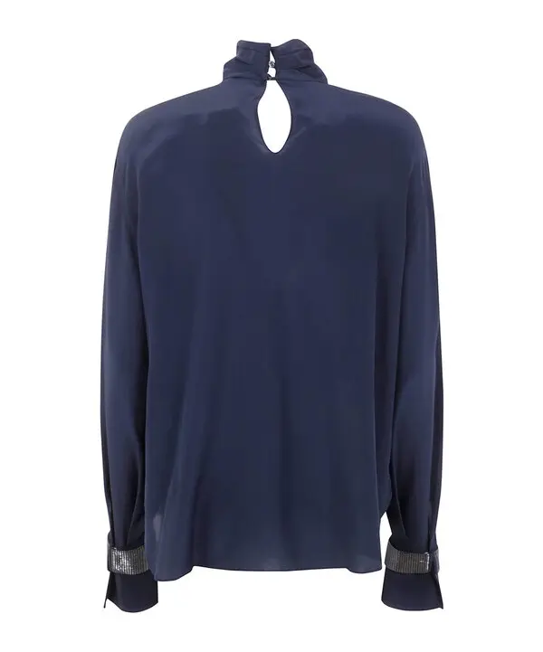 Brunello Cucinelli High Neck Long Sleeve Blouse - Blue