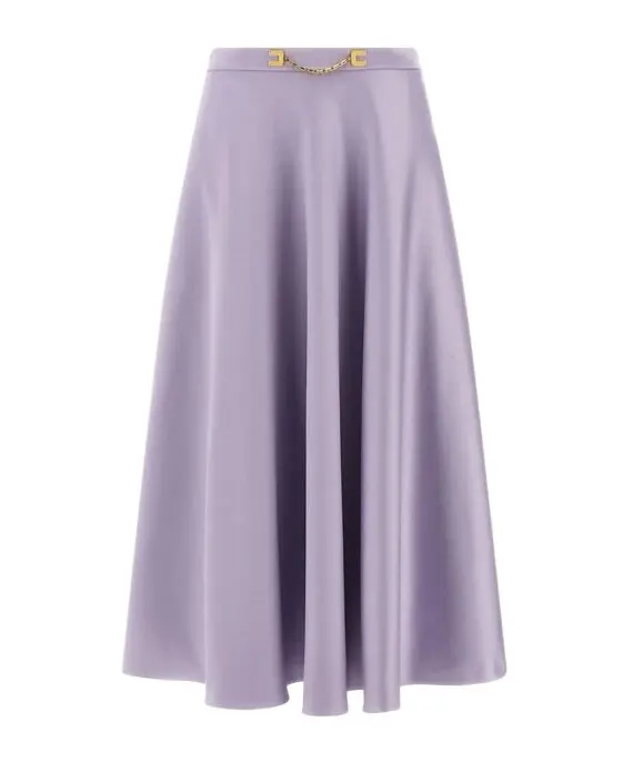 Elisabetta Franchi Duchess Satin Midi Skirt With Logo Chain Detail - Lavender