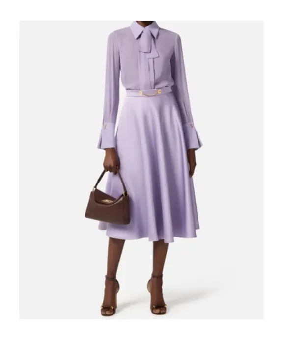Elisabetta Franchi Duchess Satin Midi Skirt With Logo Chain Detail - Lavender