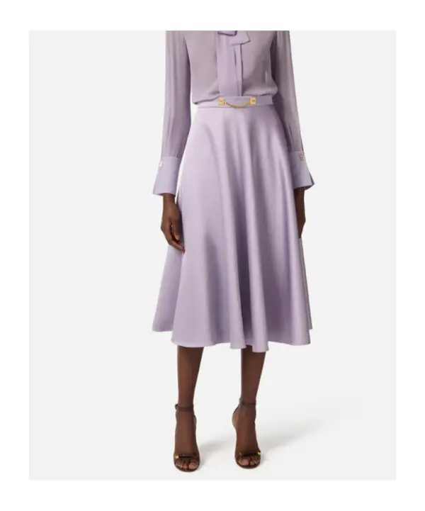 Elisabetta Franchi Duchess Satin Midi Skirt With Logo Chain Detail - Lavender
