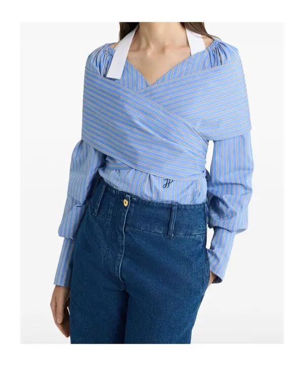 PATOU Off-shoulder Striped Wrap Top With Embroidered Monogram
