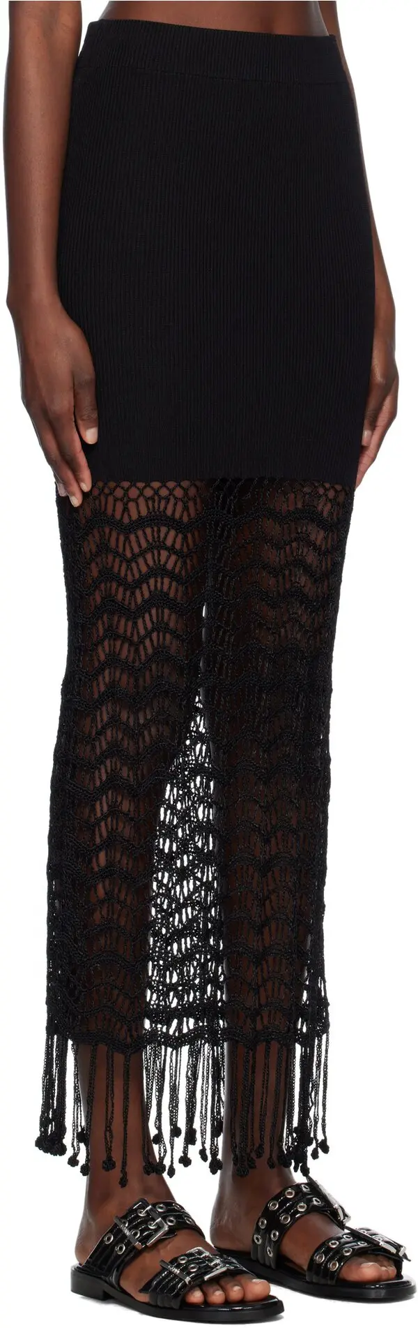 GANNI Maxi Skirt With Crochet Lace And Beaded Fringe
