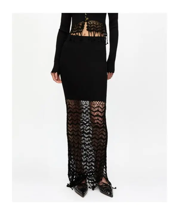 GANNI Maxi Skirt With Crochet Lace And Beaded Fringe