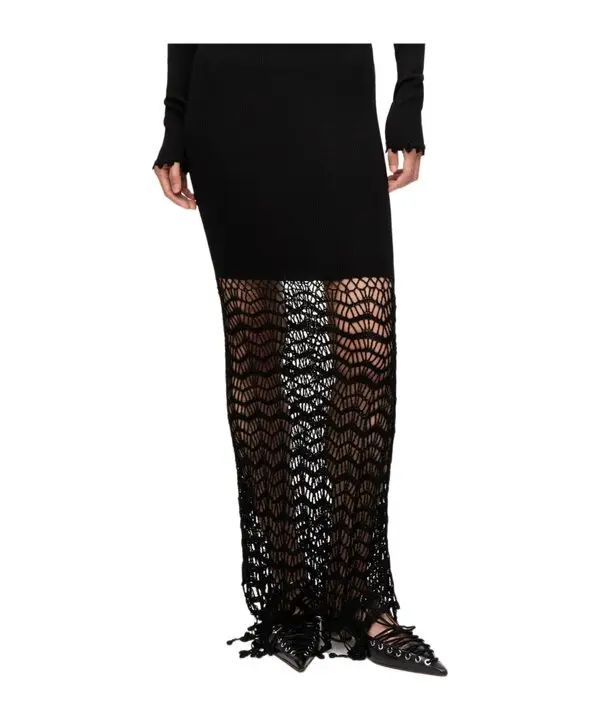 GANNI Maxi Skirt With Crochet Lace And Beaded Fringe