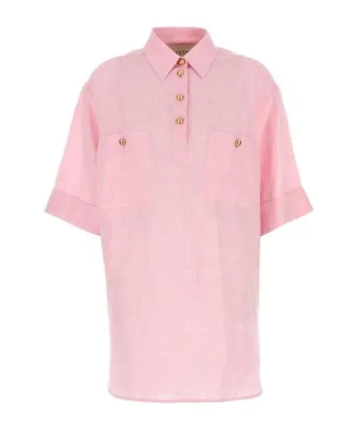 Valentino Garavani Short Sleeves Linen Blouse With Classic Collar - Pink
