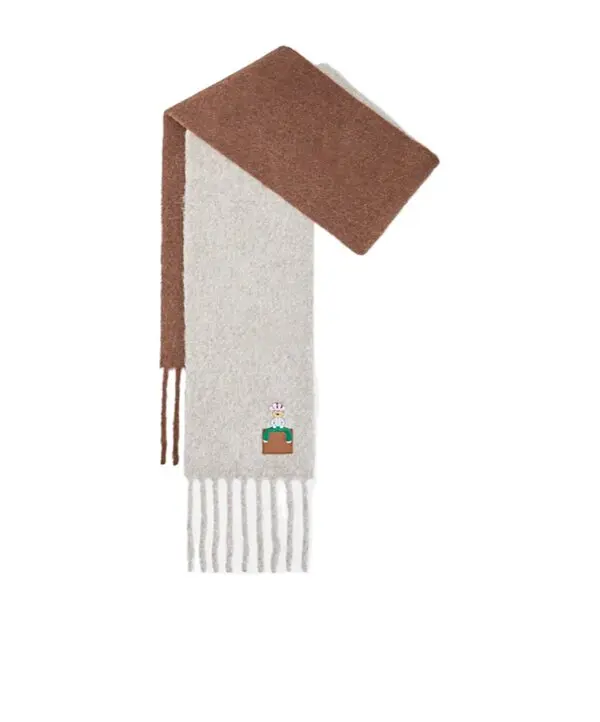 Loewe Acrobat Embroidered Fringed Scarf - Light Grey/brown
