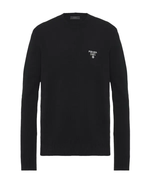 Prada Logo Embroidered Crewneck Knit Sweater - Black