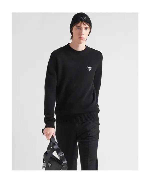 Prada Logo Embroidered Crewneck Knit Sweater - Black