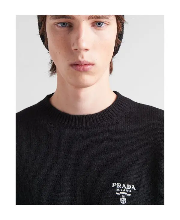 Prada Logo Embroidered Crewneck Knit Sweater - Black