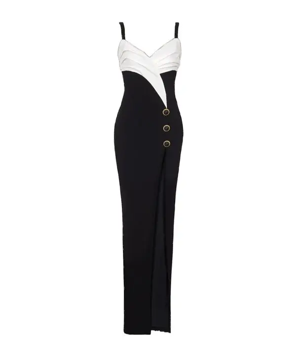 Balmain Two-tone Long Crepe Gown With Decorative Buttons