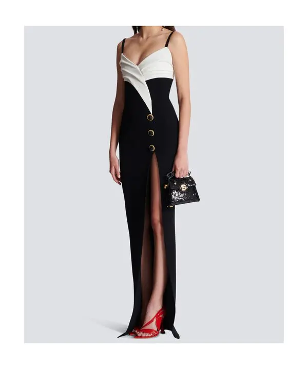 Balmain Two-tone Long Crepe Gown With Decorative Buttons