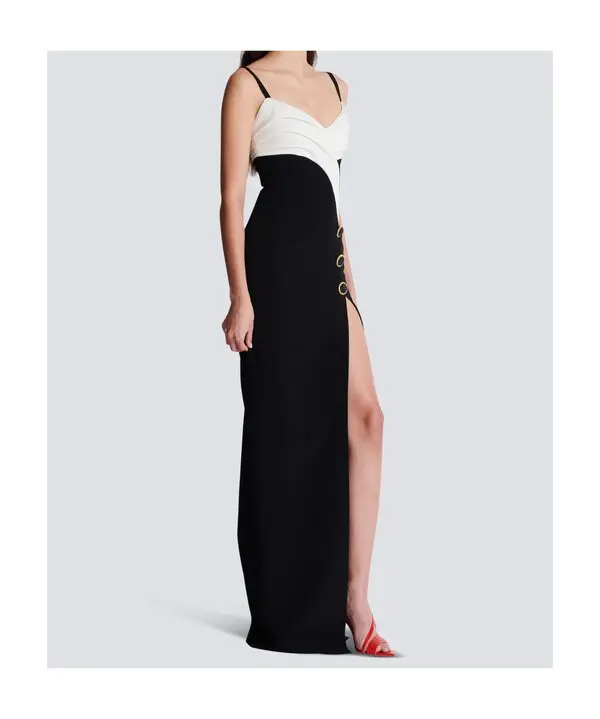 Balmain Two-tone Long Crepe Gown With Decorative Buttons