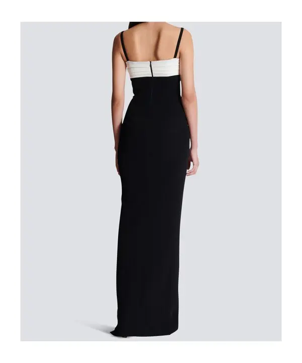 Balmain Two-tone Long Crepe Gown With Decorative Buttons