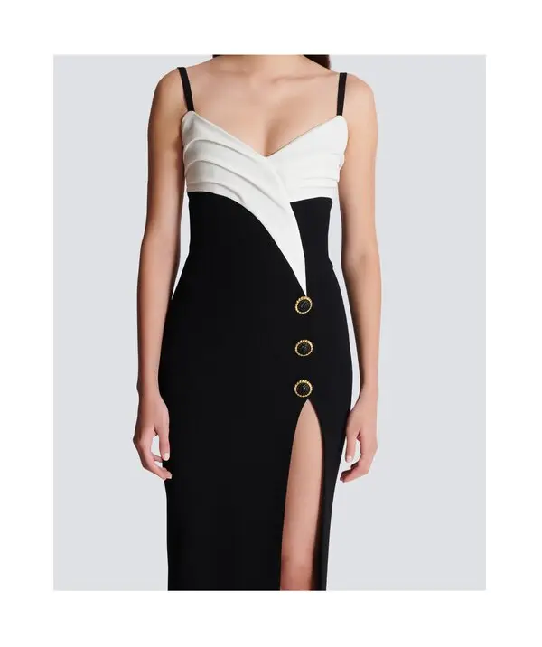 Balmain Two-tone Long Crepe Gown With Decorative Buttons
