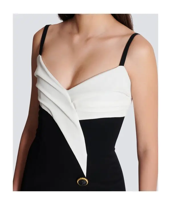 Balmain Two-tone Long Crepe Gown With Decorative Buttons