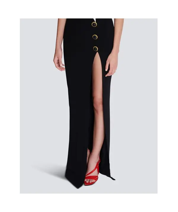 Balmain Two-tone Long Crepe Gown With Decorative Buttons