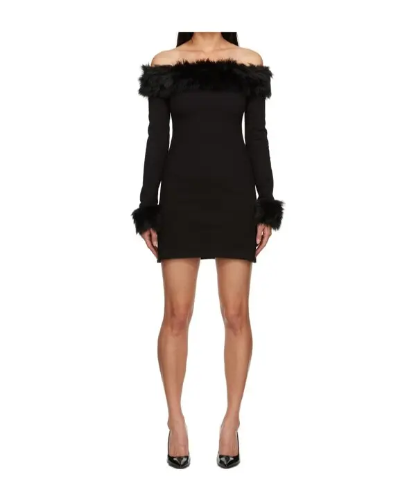 Heron Preston Off-the-shoulder Faux Fur Trim Mini Dress