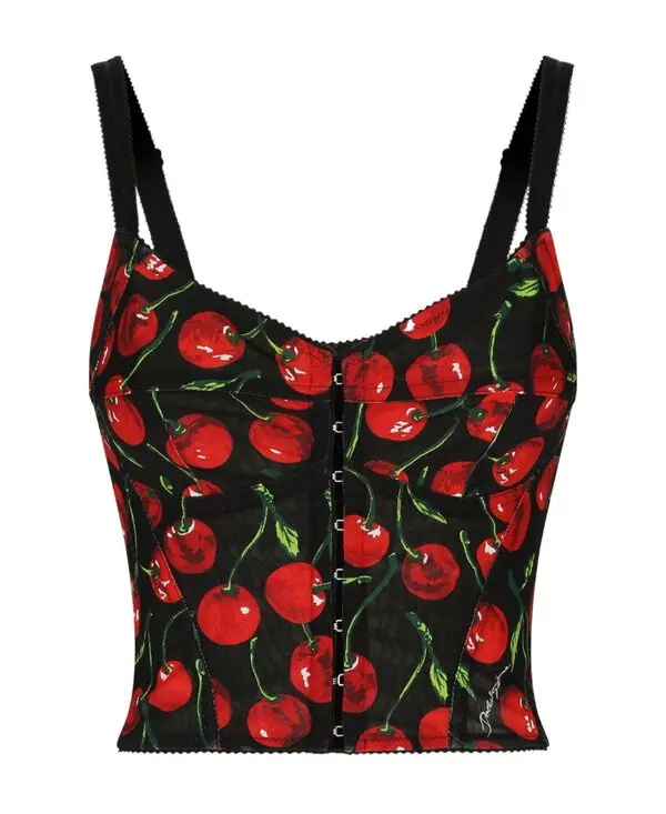 Dolce & Gabbana Cherry Print Zipped Bustier Top - Black