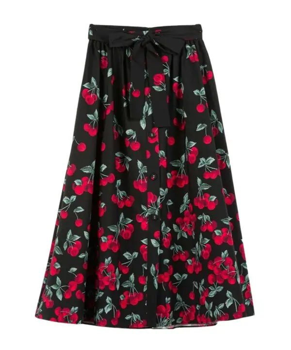 TWINSET Cherry Print Belted Midi Skirt - Black