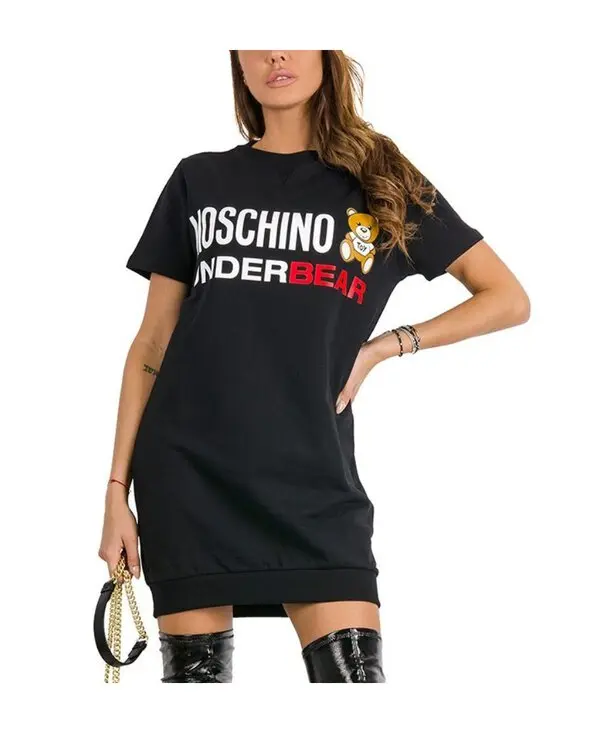 Moschino Teddy Bear Print Round Neck Short Sleeve Mini Dress - Black