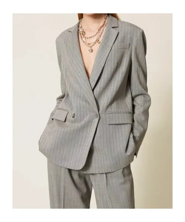 TWINSET Double-breasted Pinstriped Blazer - Light Gray